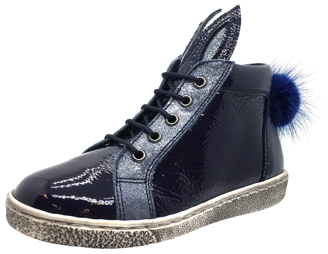 Zubii Girl's Navy Patent Leather Bunny High Top Sneaker with Distresse ...
